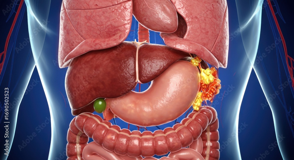 Anatomical illustration showing the human digestive system, including ...