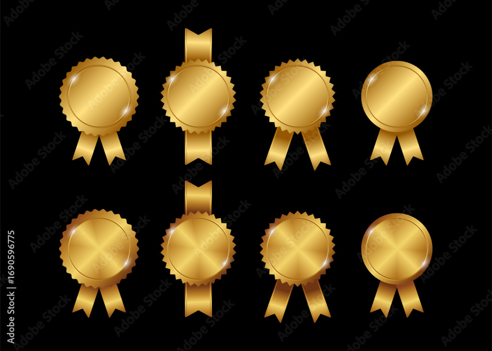 Gold medals with ribbons vector set. Realistic round medals for ...