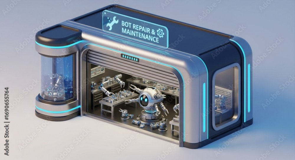 Robot repair shop maintenance and futuristic technology center for ...