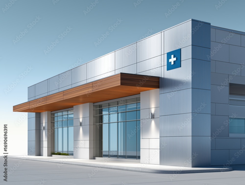 Modern hospital exterior with clean lines and calming blue sky ...