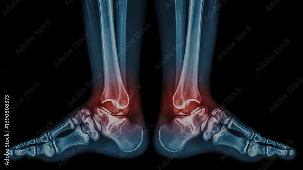 X-ray of human ankles and feet showing inflammation and pain in red ...