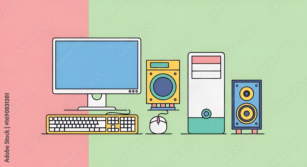Vintage desktop computer setup with monitor keyboard mouse tower and ...