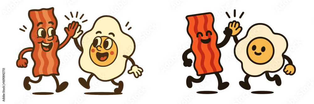 Retro cartoon characters of bacon and a fried egg giving a high five, a ...