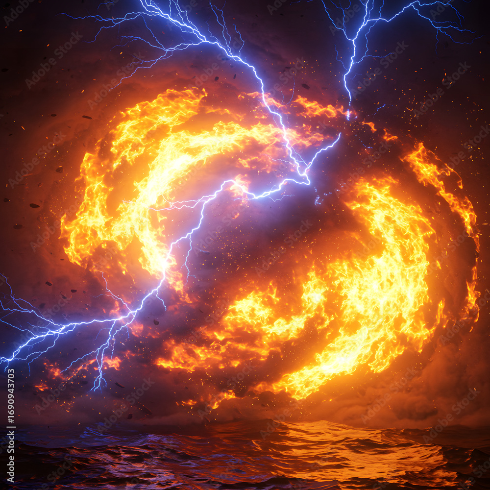 Stock-Foto „Generative AI Fire Vortex and Lightning Over Ocean Storm ...