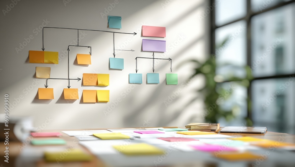 Sticky notes, flowchart on wall Stock Photo | Adobe Stock