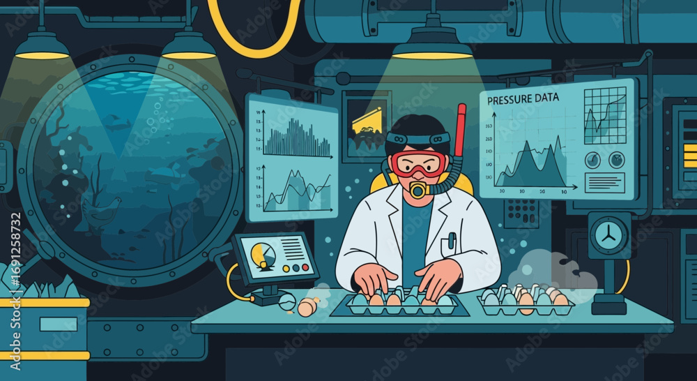 Eccentric scientist in underwater laboratory experimenting with eggs ...