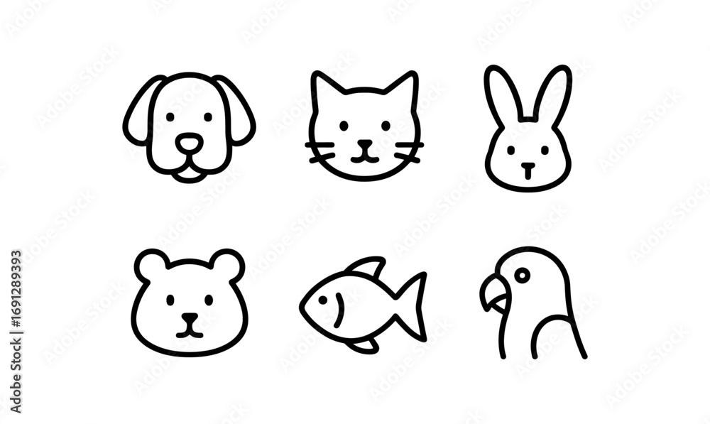 Simple outline illustrations of cute animal faces in minimalist style ...