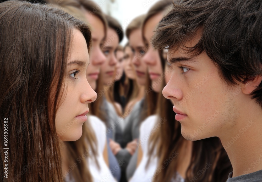 Young man and woman facing multiple blurred figures representing ...