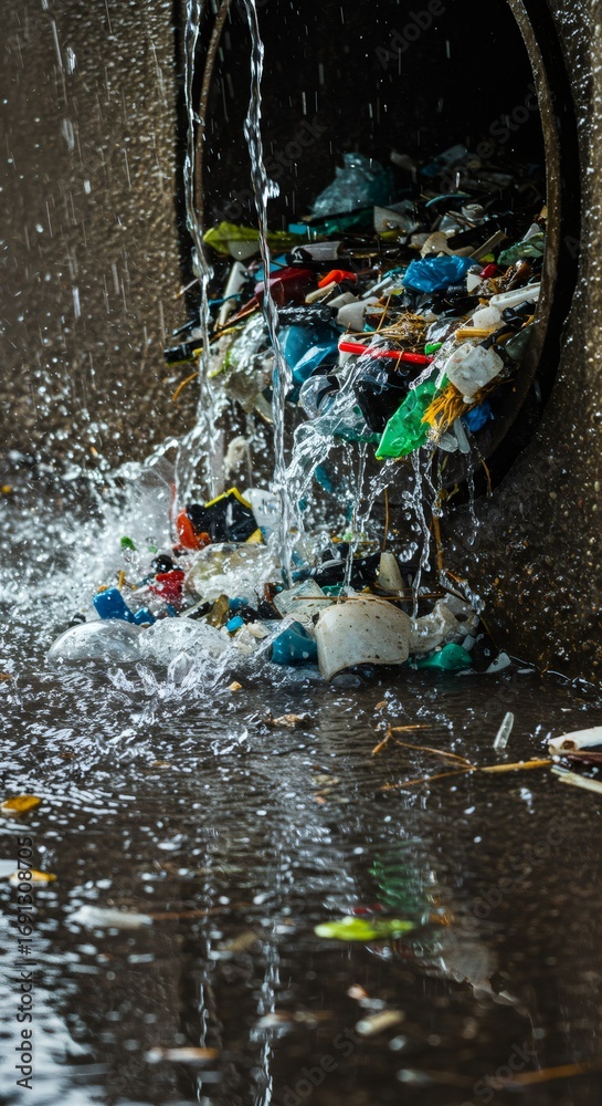 Rainwater flowing from a storm drain clogged with plastic trash ...