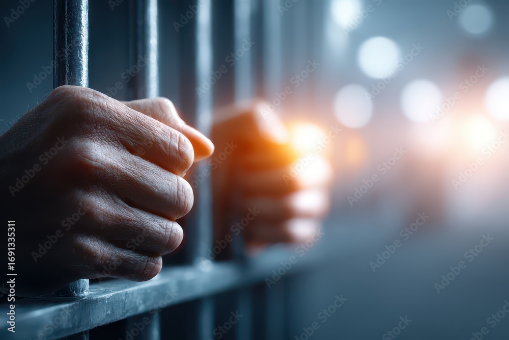 Hands tightly gripping the cold steel bars of a prison cell, seeking ...