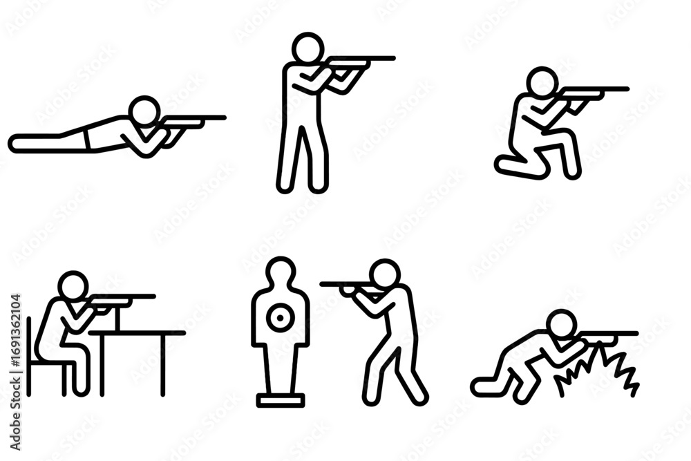 Rifle Shooting Icons. Outline icon set of rifle shooting positions ...