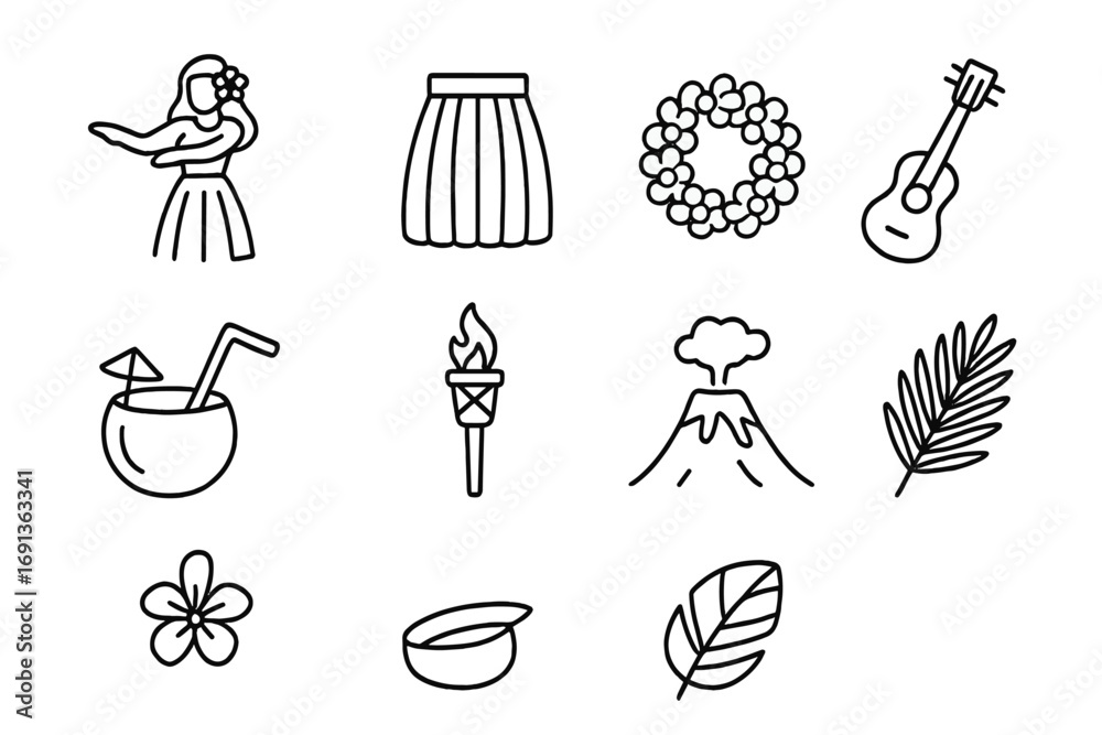 Polynesian Dance Icons. Outline icon set of Polynesian dance: hula ...