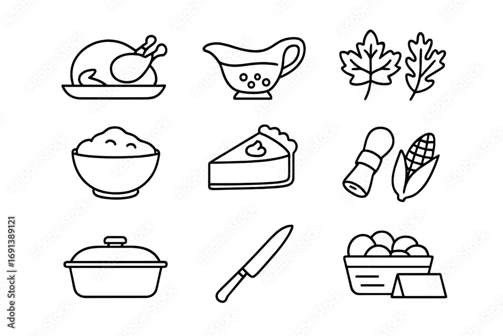 Thanksgiving Dinner Icons. Outline icon set of Thanksgiving family ...