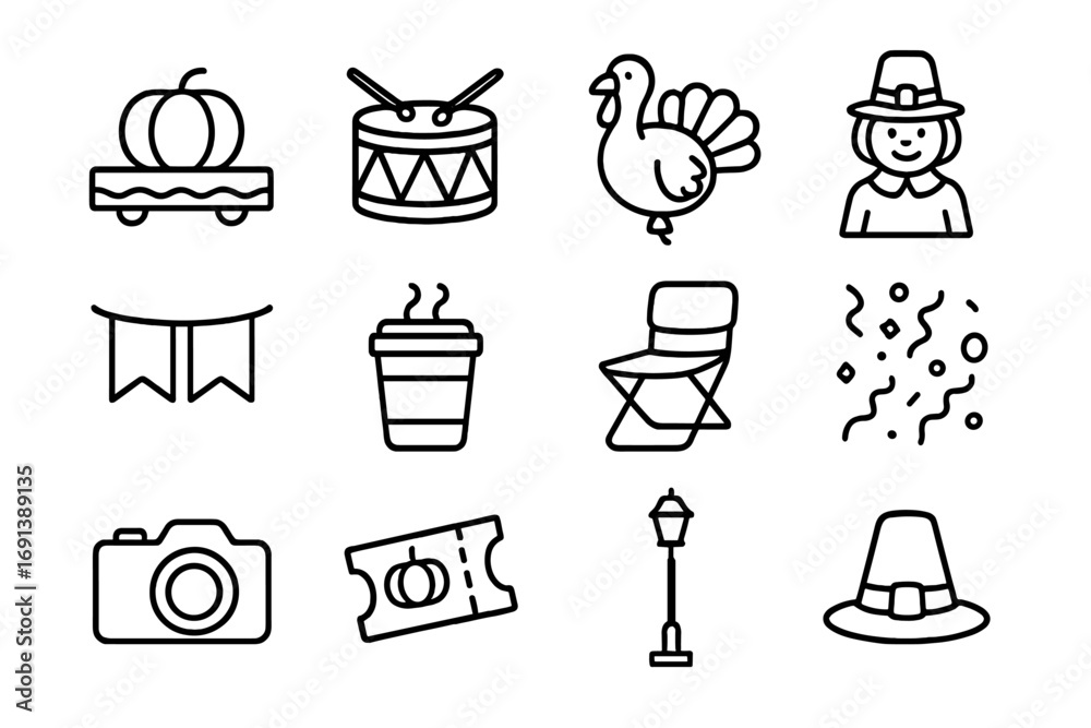 Thanksgiving Parade Icons. Outline icon set of Thanksgiving parade and ...