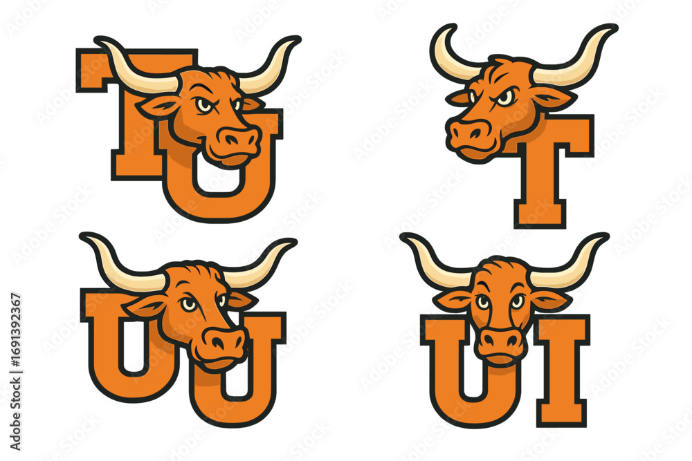 Stock-Vektorgrafik „Longhorn bull mascot logo set with letters T, U, I ...
