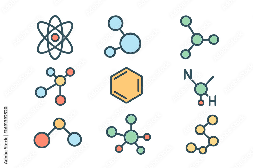 Science chemistry icon set. Atom, molecule, chemical compound structure ...