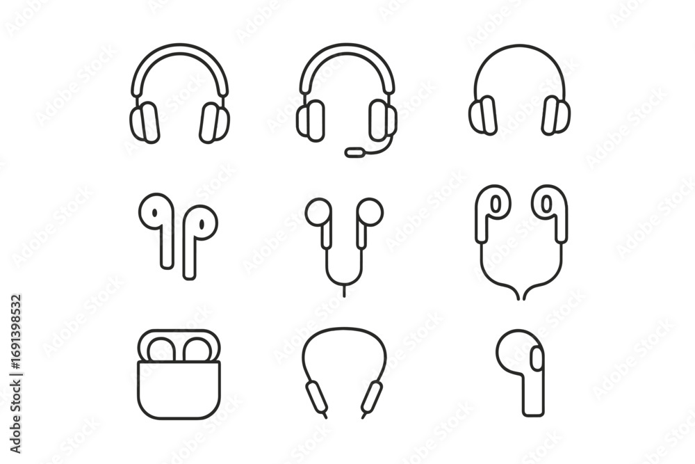 Headphones and earphones line icon set. Audio listening device symbols ...