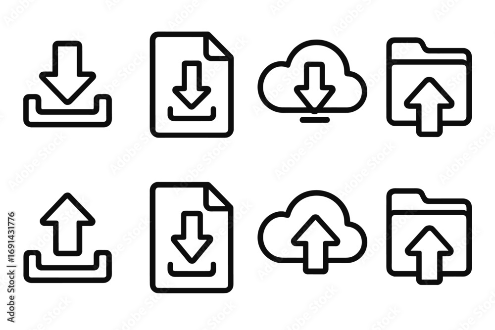 Download and upload icon collection. Line art vector symbols for cloud ...