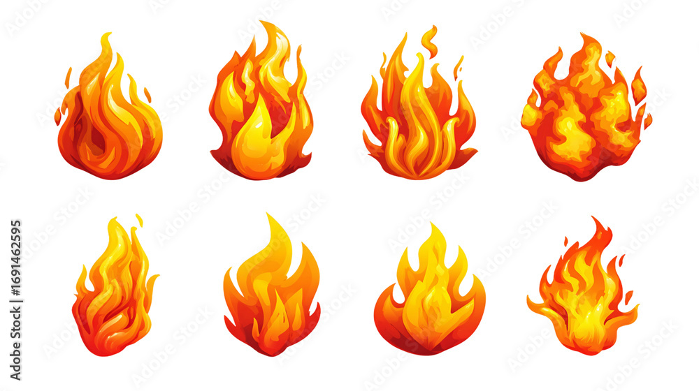Pixel art flames animation spritesheet. Eight frames of orange and ...