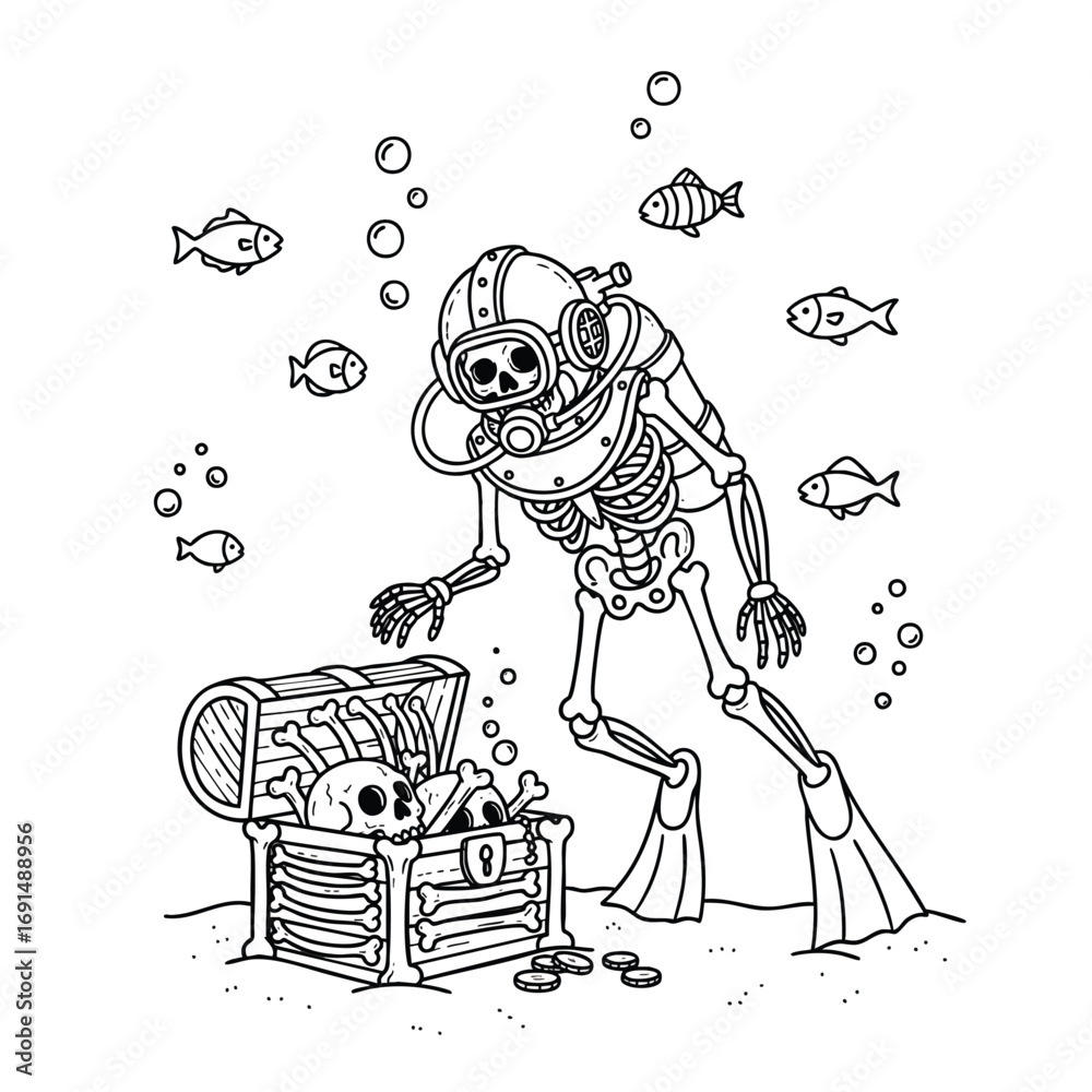 Cartoon skeleton deepsea diver with a treasure chest of skulls and ...