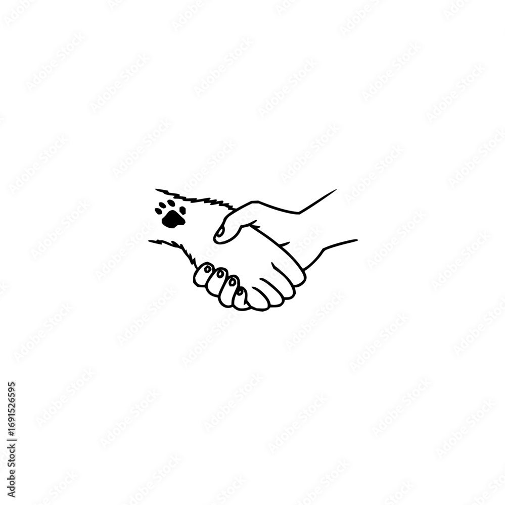 Handshake between a human hand and a paw with a paw print in black and ...