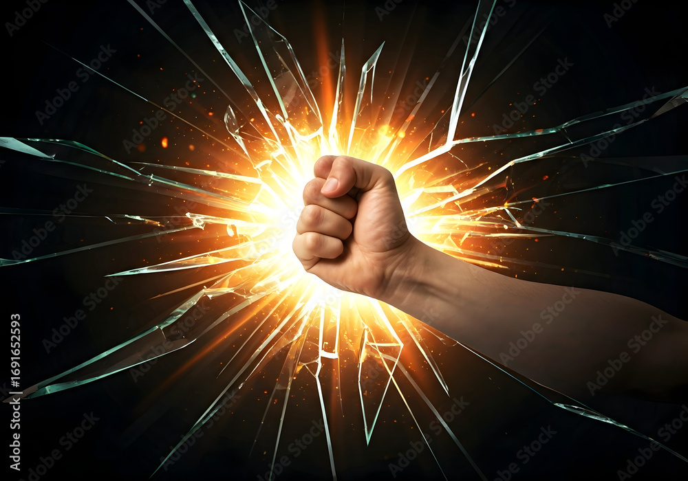 Aggressive Fist Breaking Through Shattered Glass with Brilliant Golden ...