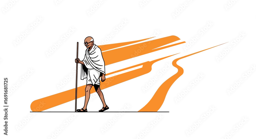 Iconic illustration of Mahatma Gandhi walking with his staff ...