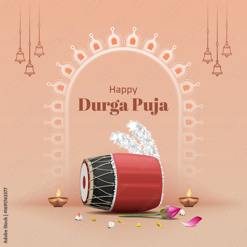 durga puja festival creative illustration with dhak, lotus flower and ...