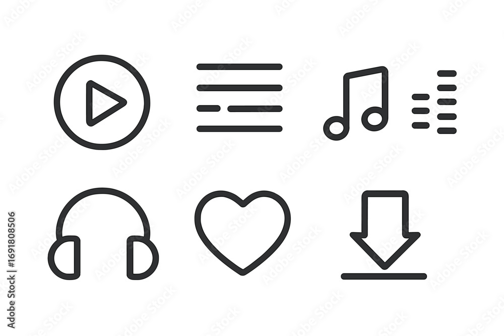 Music player minimalist icon set. Linear symbols for audio app ...