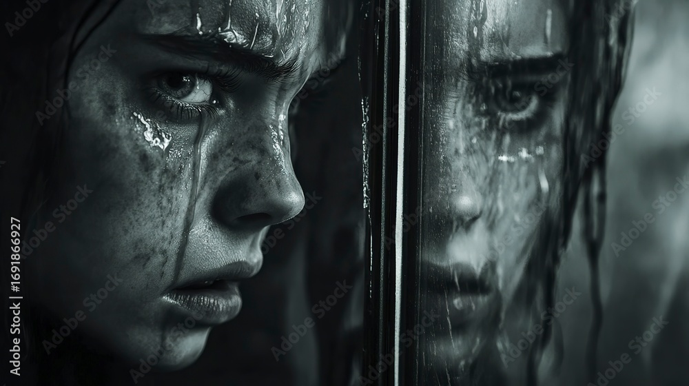 Tear-streaked face reflected in mirror captures deep emotions amidst a ...