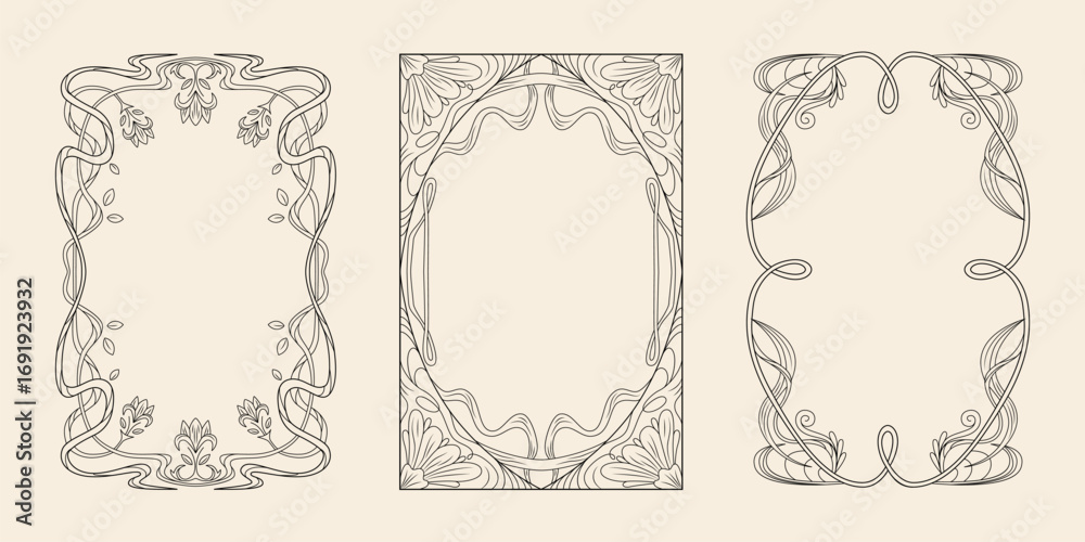 Art nouveau frame set with flowing botanical lines, curved vines and ...