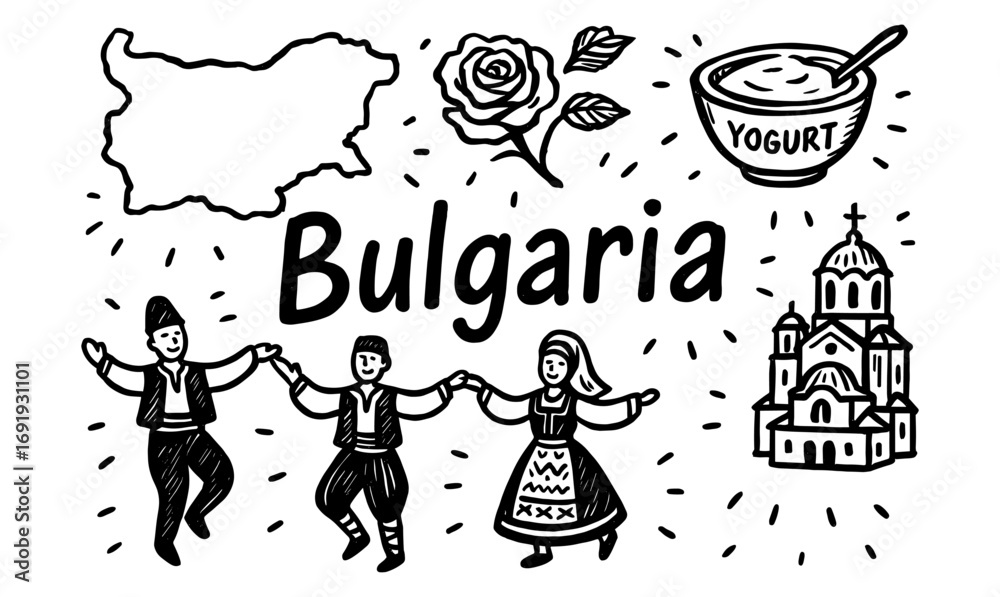Bulgarian culture elements: traditional dance, map, and icons in doodle ...
