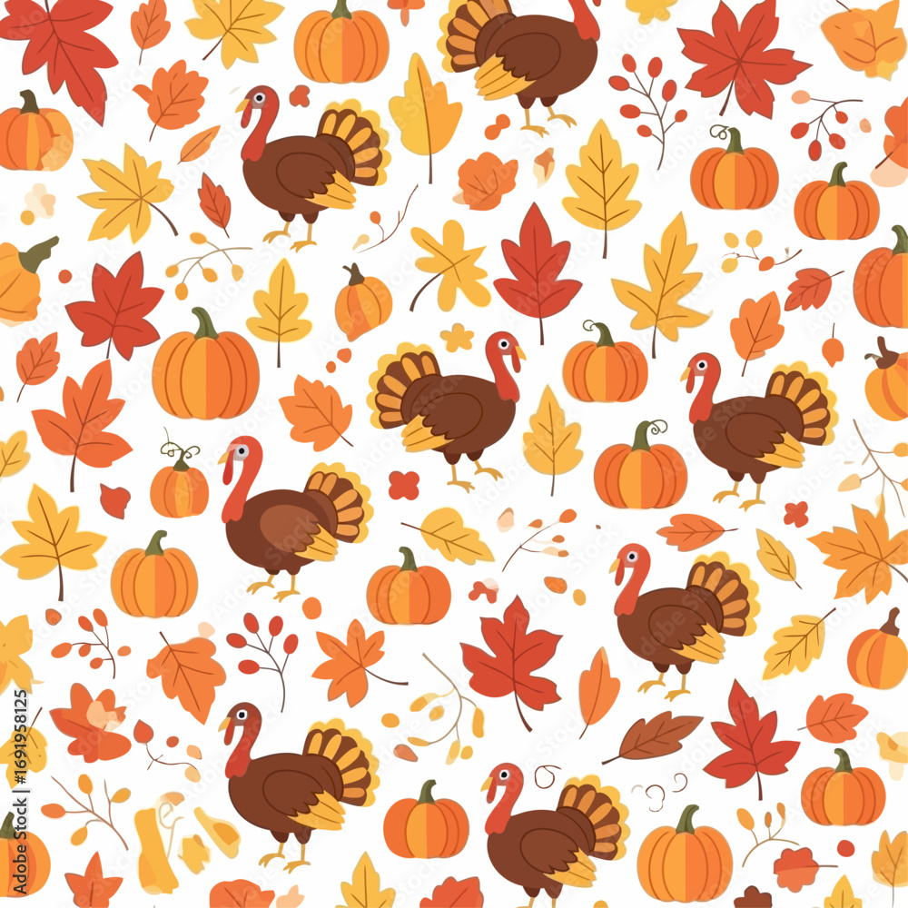 Autumn harvest pattern featuring turkeys, pumpkins, and fall leaves ...