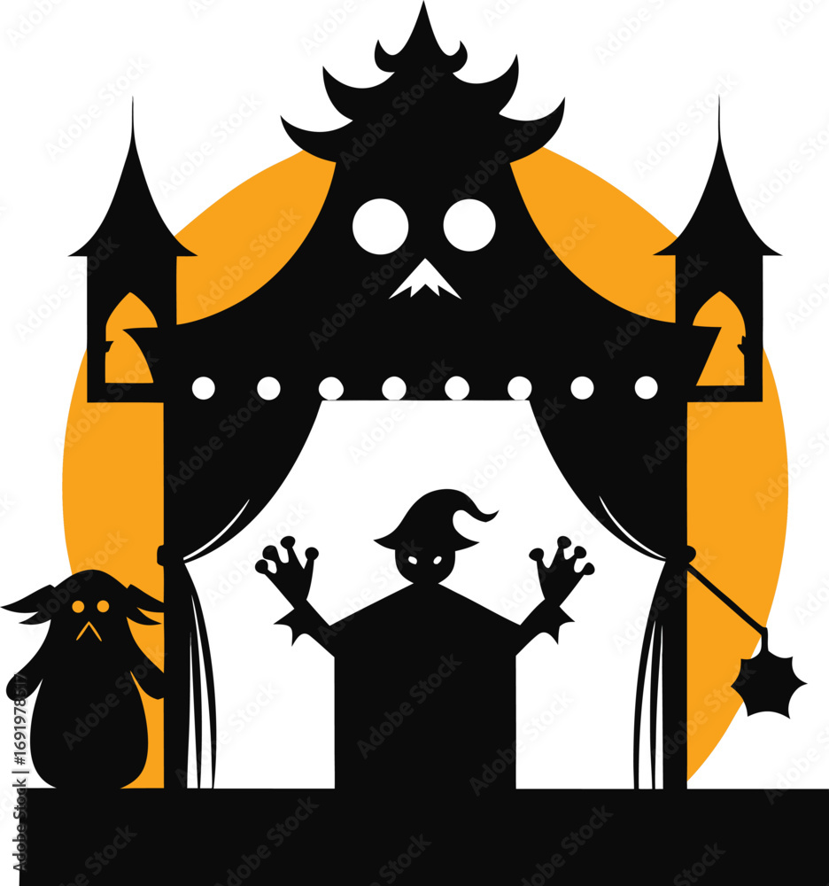 Spooky Halloween Puppet Show with Silhouetted Characters and Orange ...