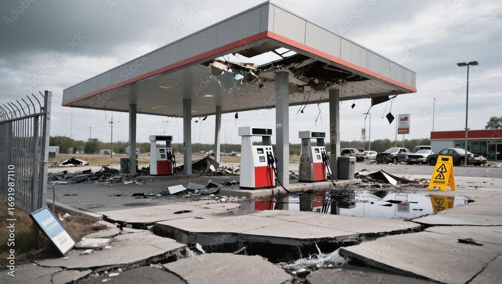 Damaged Gas Station Reveals Cracked Pavement and Debris After Recent ...
