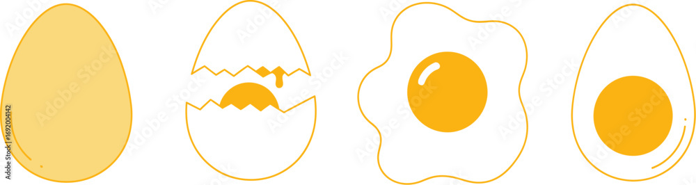 Four stages of egg preparation from whole to cooked egg displayed in ...