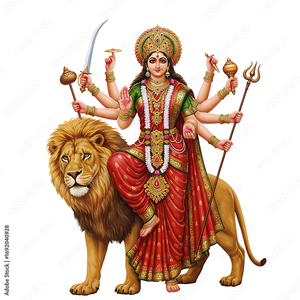 Magnificent Depiction of Goddess Durga Astride Her Lion Mount: A Symbol ...