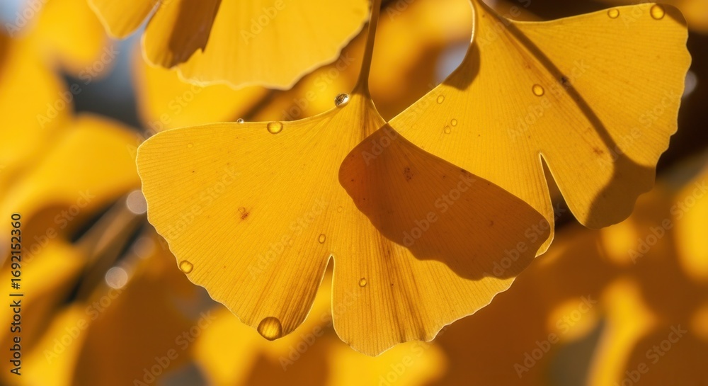 Gingko biloba leaves in the sunlight displaying autumn golden foliage ...