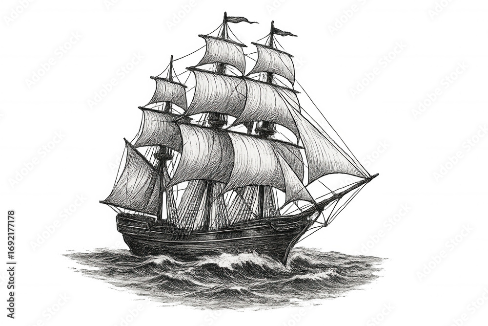 Vintage sailing vessel pencil drawing, navigating stormy waters with ...