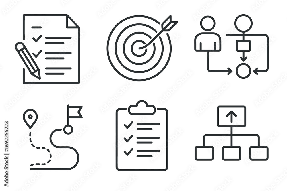Vector de Stock Business strategy icons: checklists, target, flowchart ...