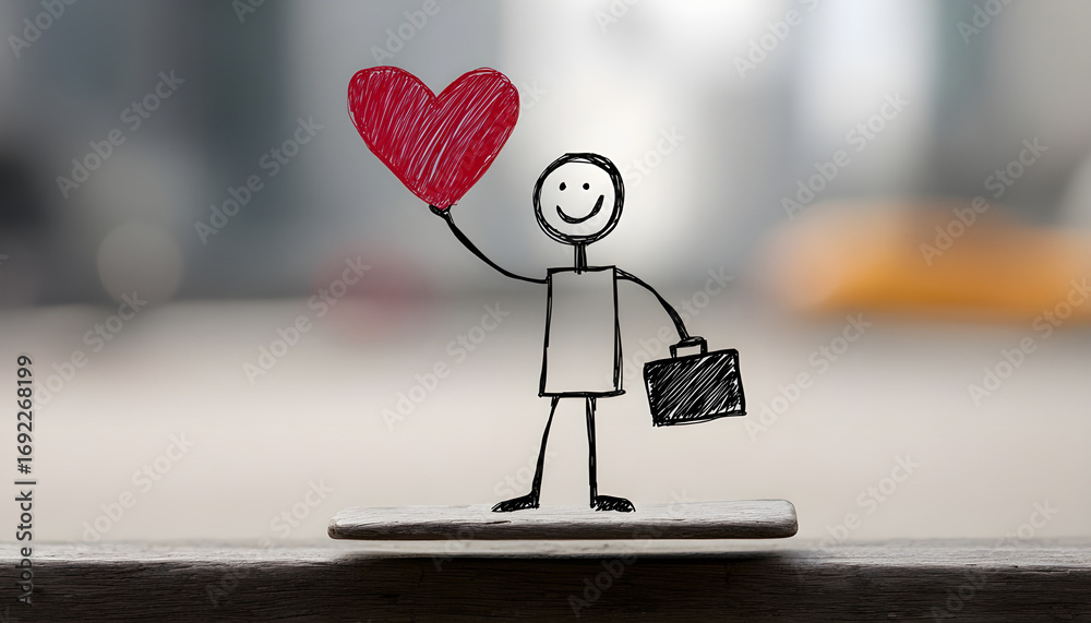Balancing a briefcase and heart, a stick figure shows the need to ...