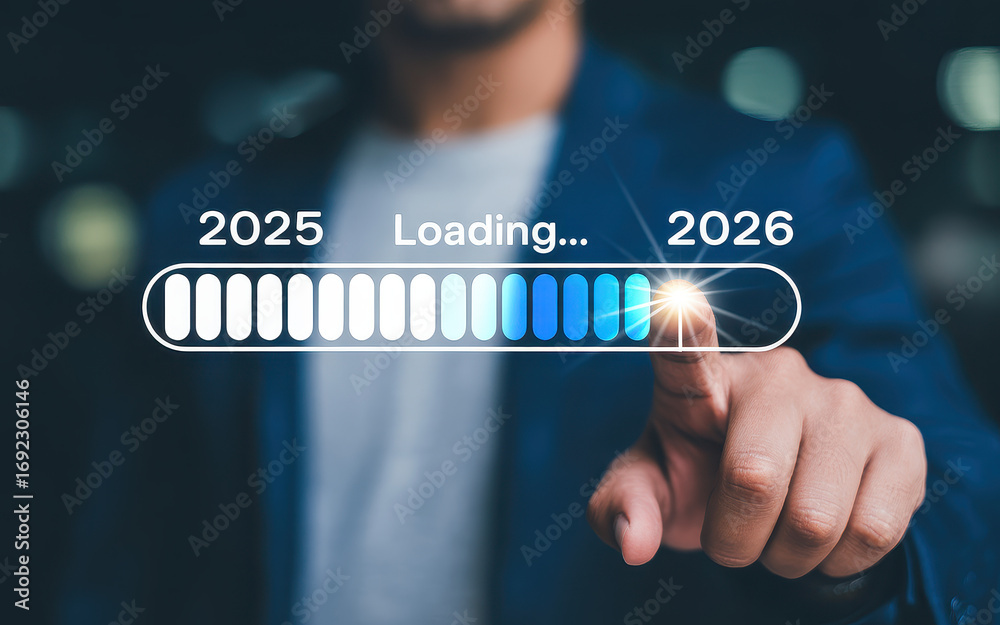 Progress and transition from 2025 to 2026 concept. A person pointing to ...