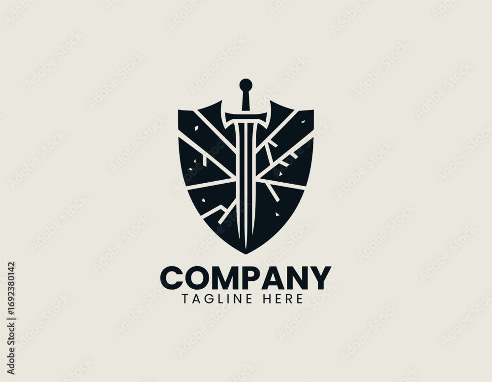 Sword breaking shield illustrated as bold vector logo in strong minimal ...