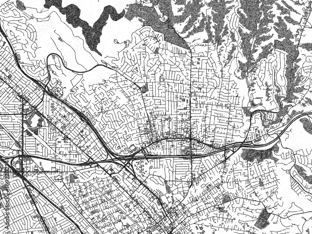 Illustrated city map of Castro_Valley, California, in black and white ...