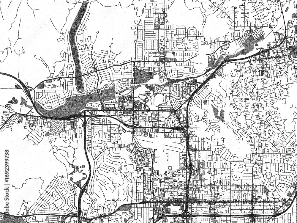 Black and white illustration map of Santee, California, showing its ...