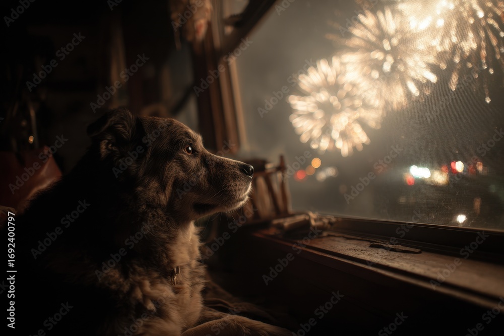 Dog And Fireworks. Watching Bright Holiday Fireworks Show Through Dark ...