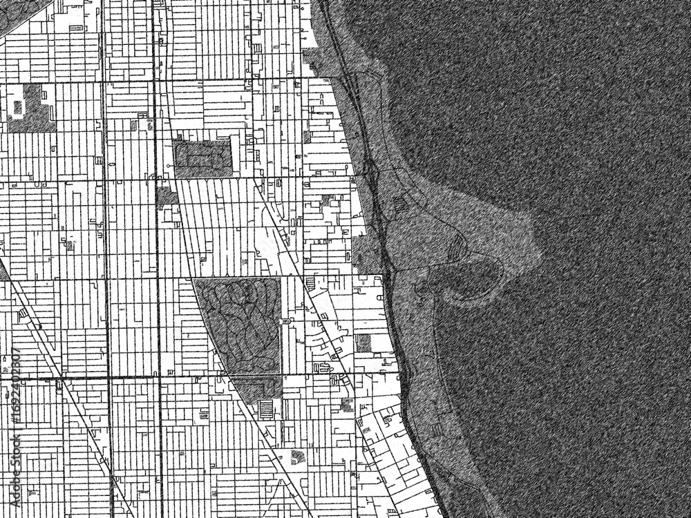 Illustrated city map of Uptown, Illinois, in black and white, combining ...