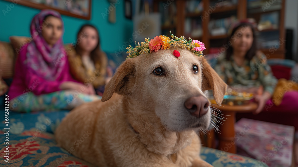Dog decorated with tika and flower garland during Kukur Tihar Festival ...