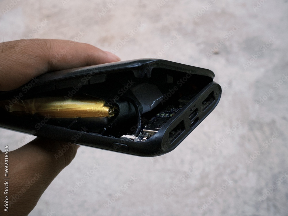 Damaged exploded powerbank smartphone charger due to battery swelling ...
