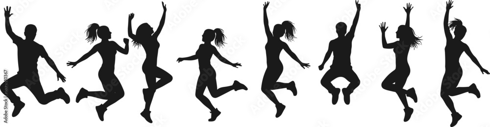 Silhouettes of joyful group jumping high in air, expressing happiness ...